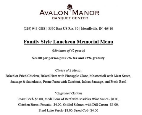 Menus | Avalon Manor